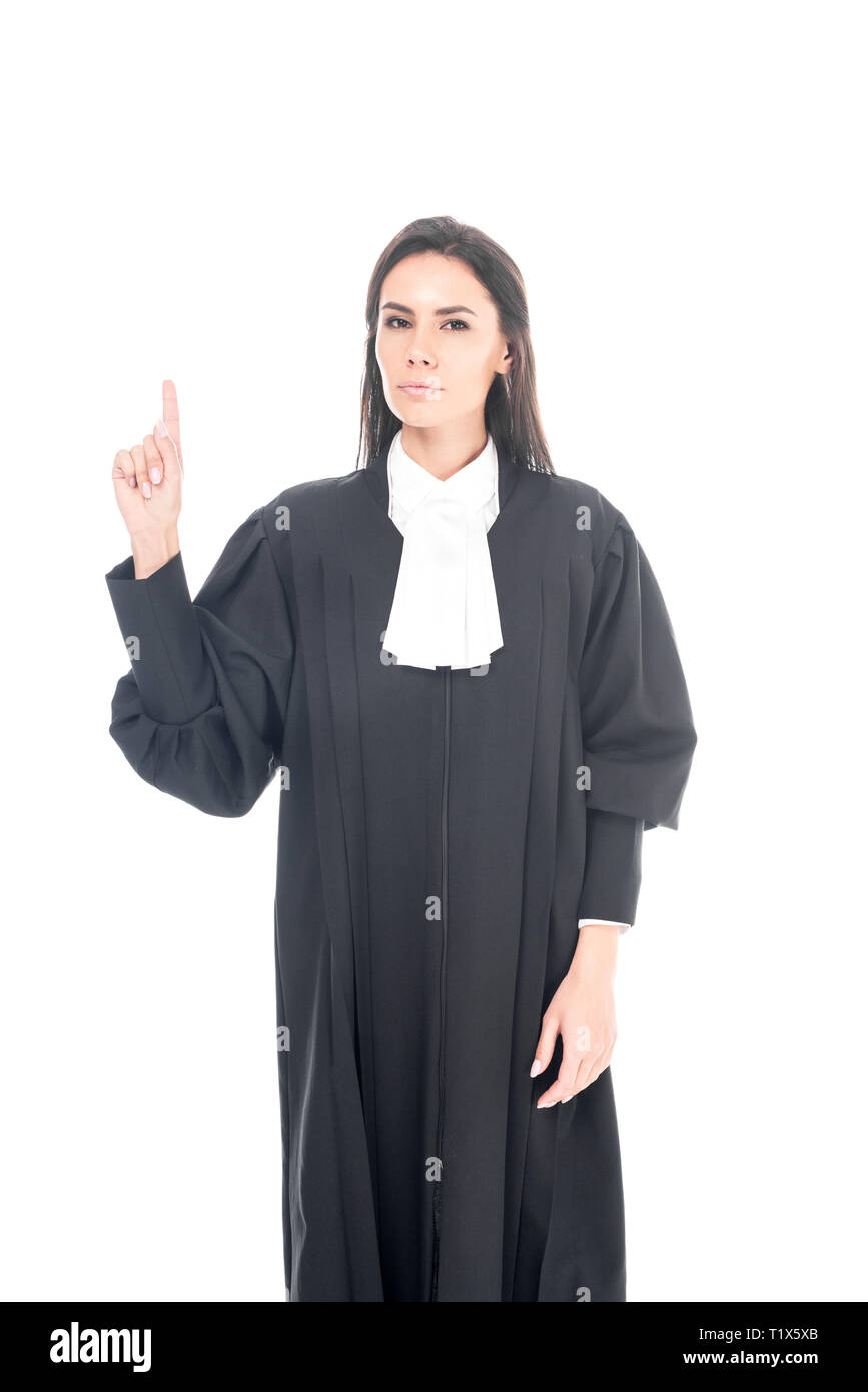 Judge in judicial robe showing idea gesture isolated on white Stock ...