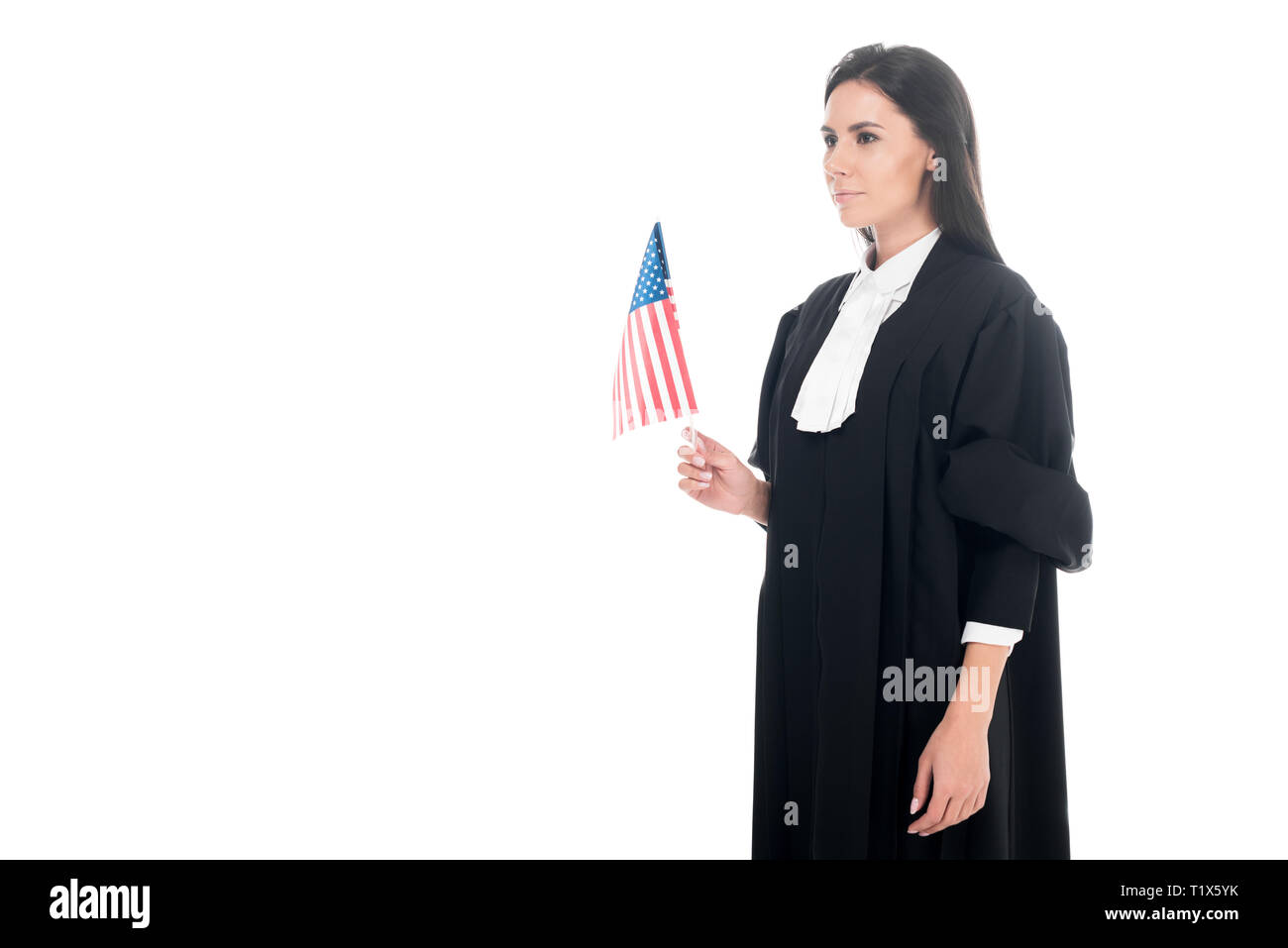 Judge in judicial robe holding american flag isolated on white Stock ...