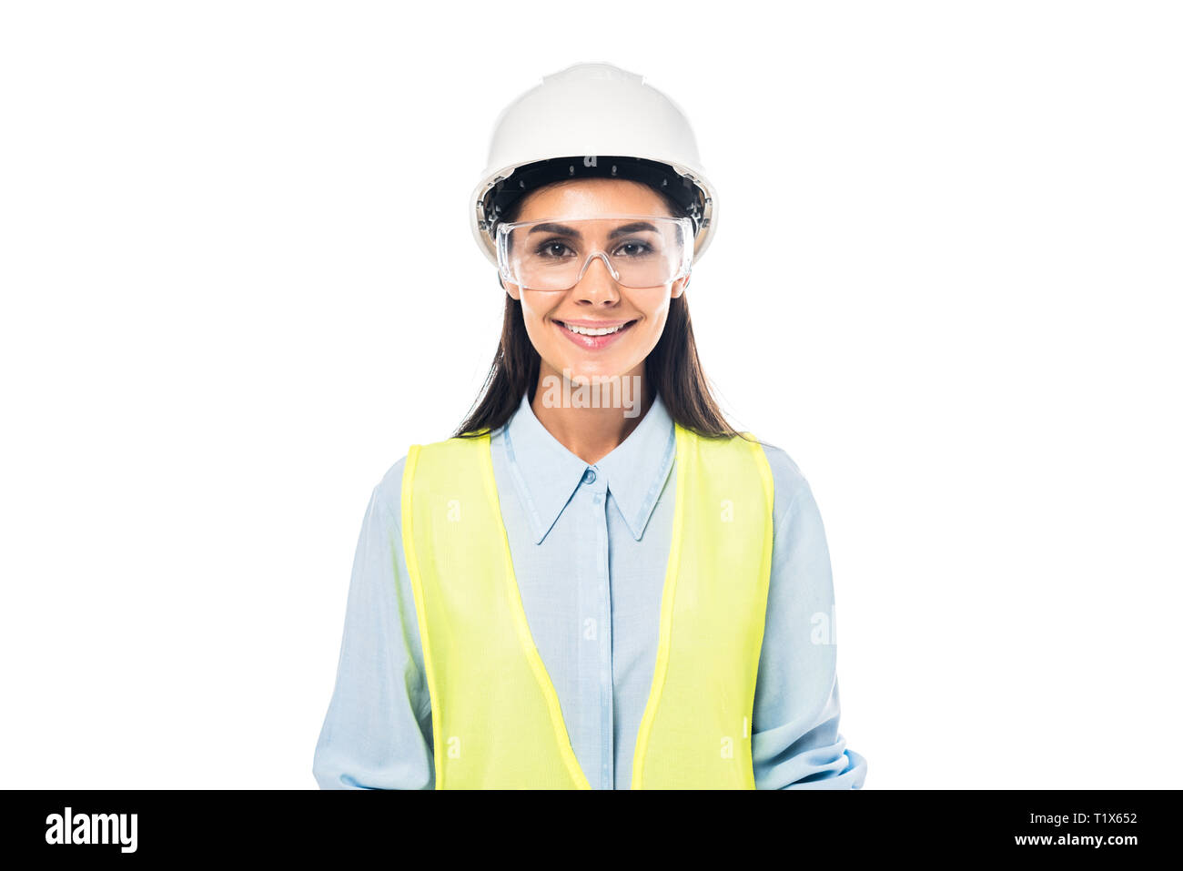 Front view of smiling engineer in hardhat and safety vest isolated on white Stock Photo - Alamy