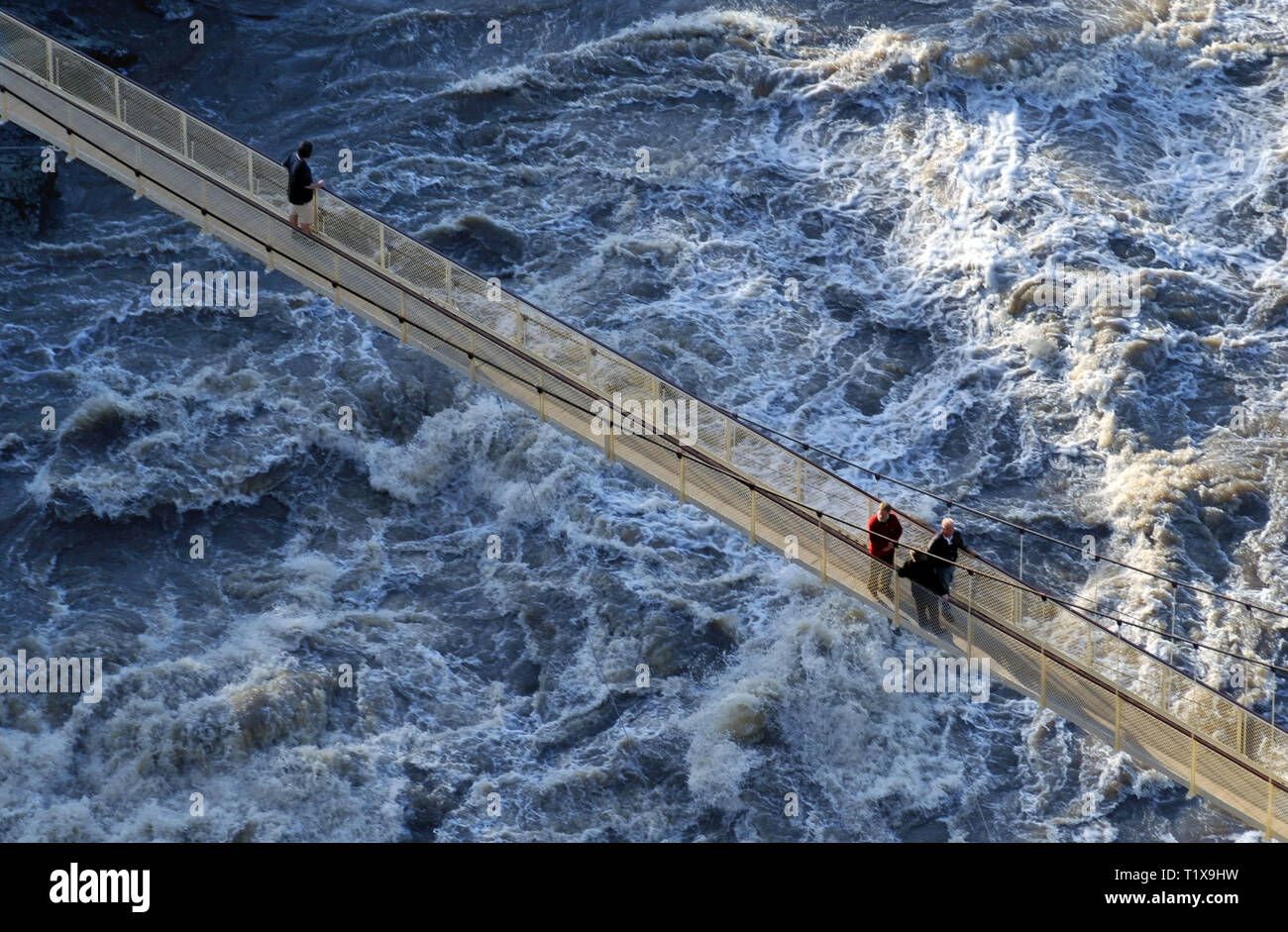 An elevated view of three people on a suspension bridge looking down on ...