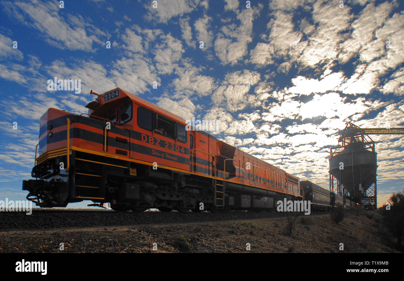 Close up view showing perspective, of a coal haulage diesel train and ...