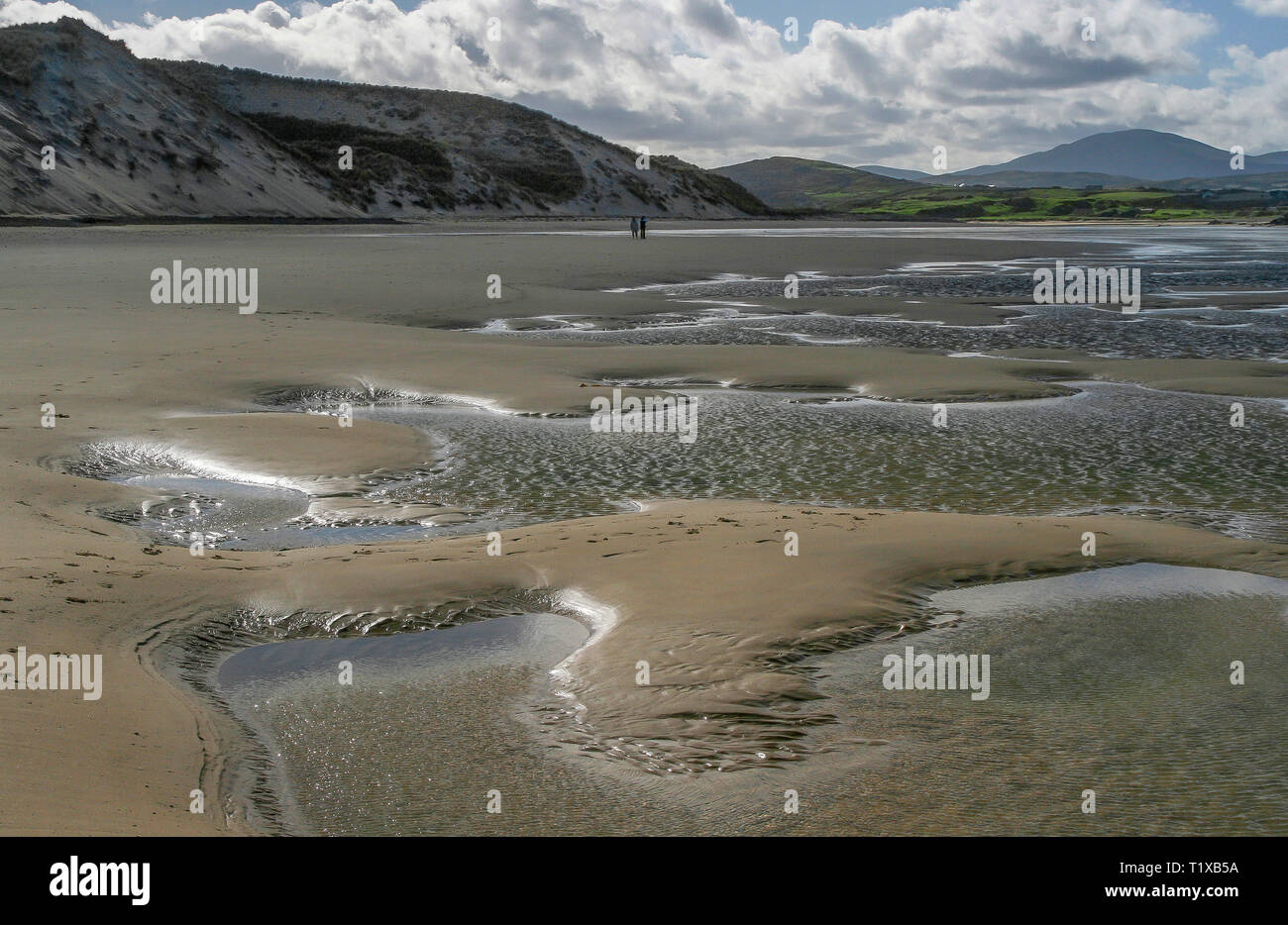 Two people on a sandy beach beside sand dunes at Five Fingers Strand on ...