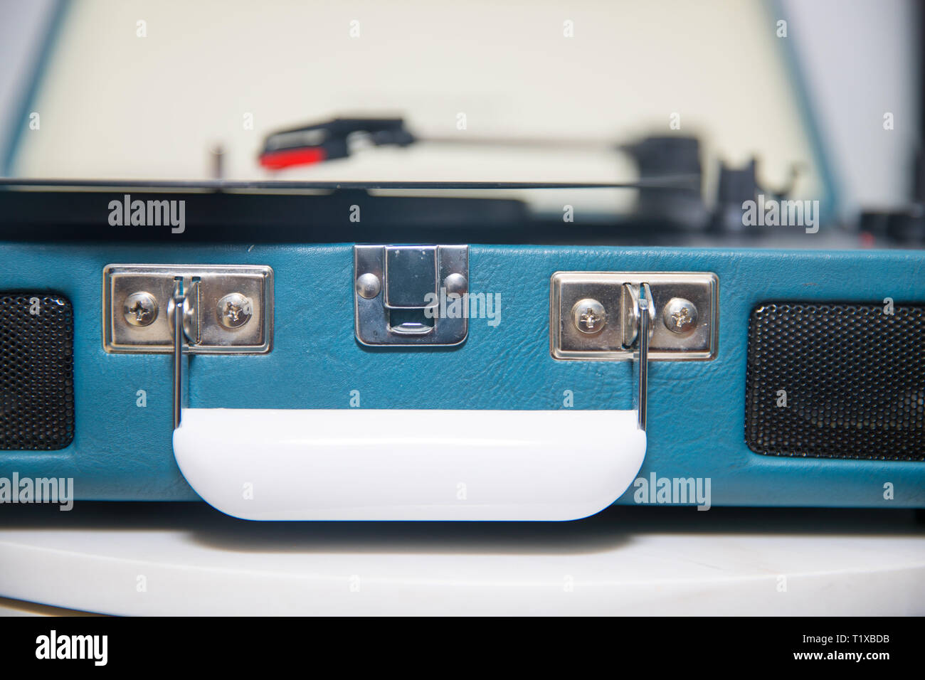 Vintage blue record player on the White mid century table Stock Photo ...