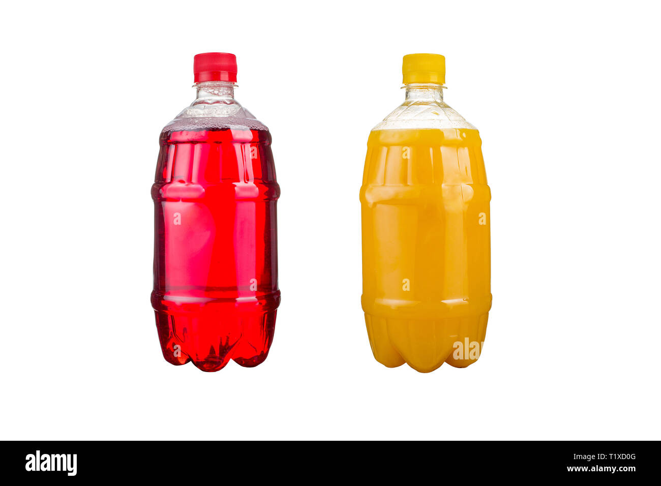 Two plastic bottles with colorful natural juices. Variations of drinks ...