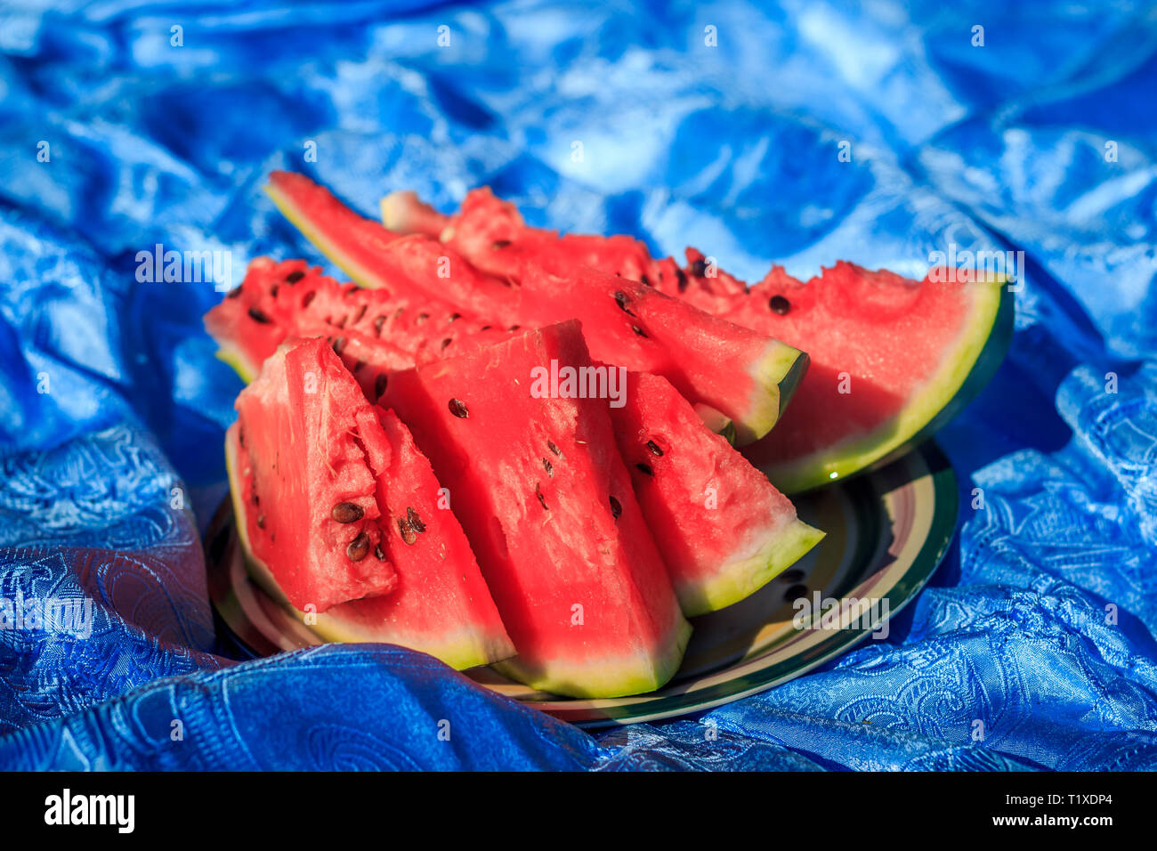 Sliced watermelon pieces. Sweet tasty arbus. Red watermelon. Big berry ...