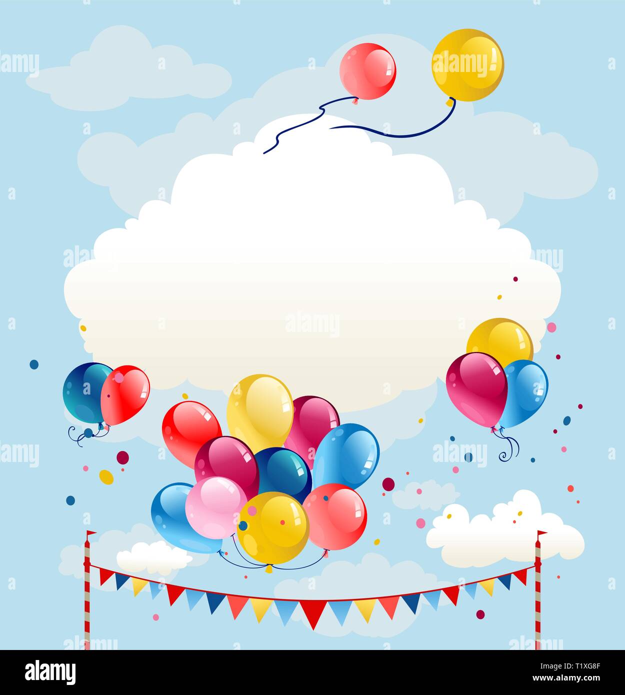 Festive background with balloons and flags on blue sky. Cheerful ...