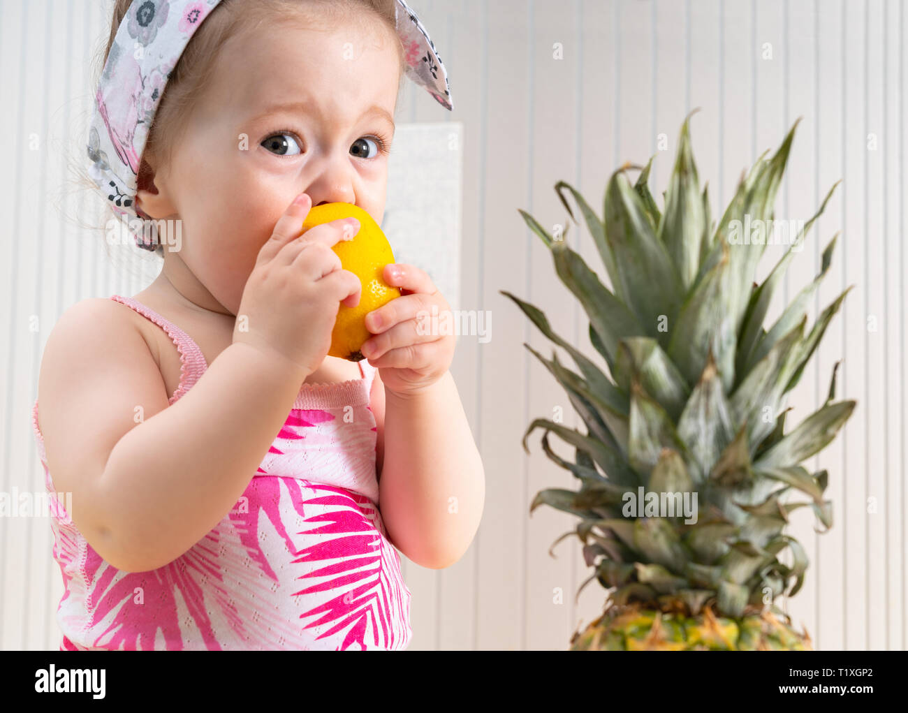 Cute little baby girl eating sour lemon, holding it with both hands ...