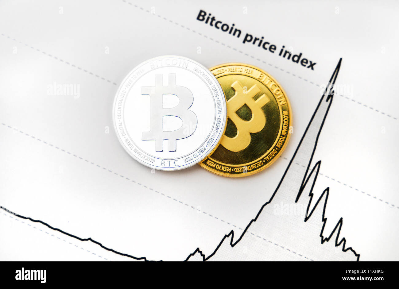 Physical bitcoins and Bitcoin Price Index on the paper Stock Photo - Alamy