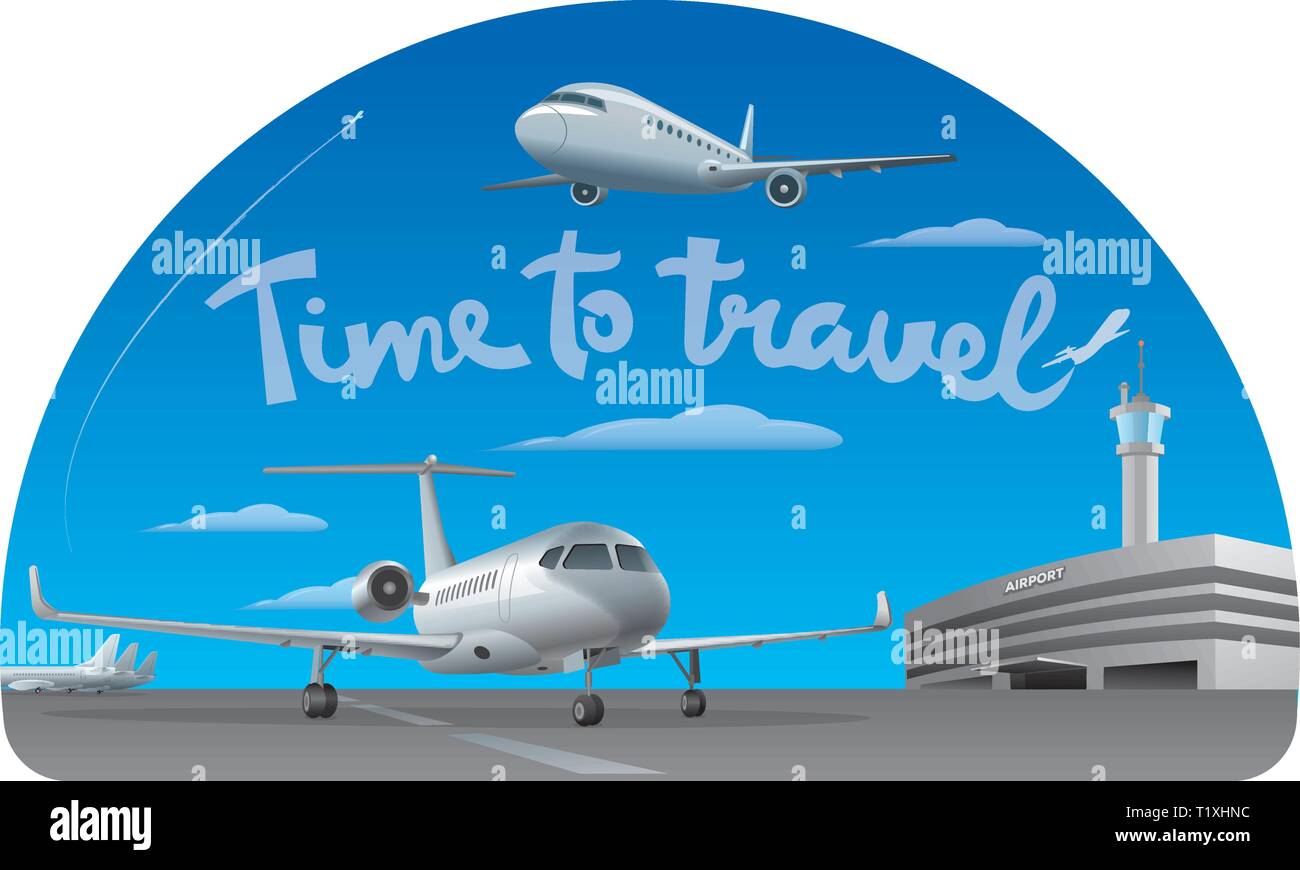 illustration of time to travel lettering with passenger airplanes Stock ...