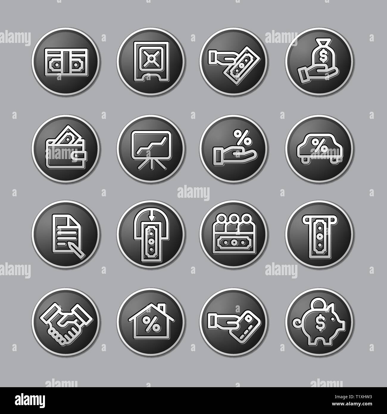 illustration of business and finance glossy icon set in gray color ...