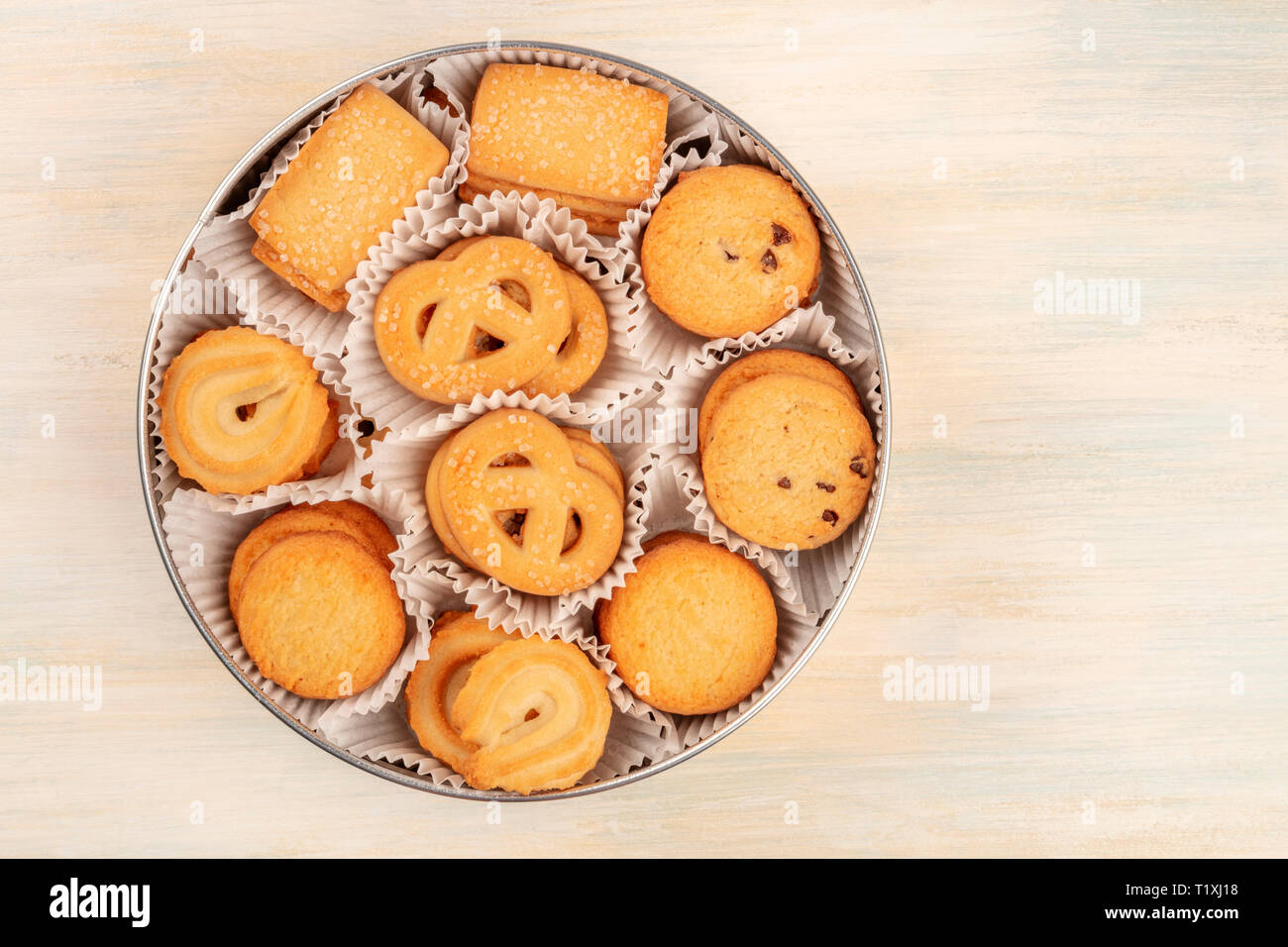 A photo of Danish butter cookies in the traditional tin box, shot from ...