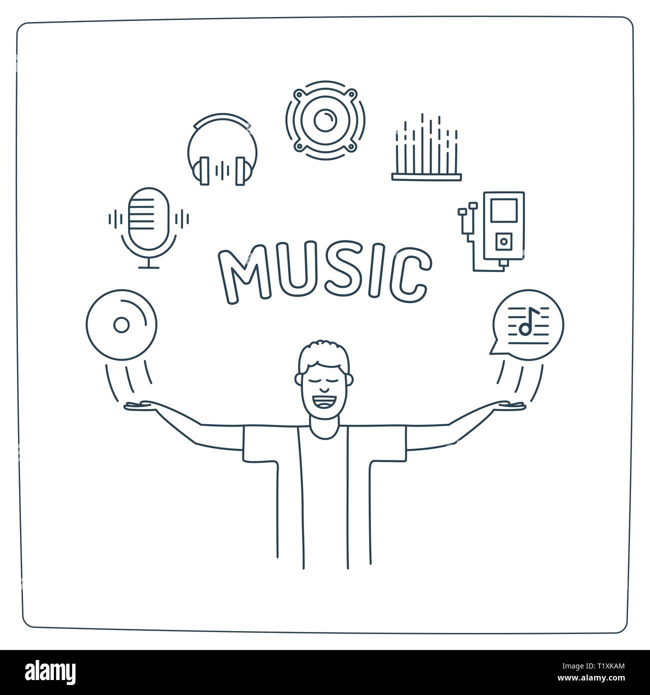 a music man character with his hands up and Audio doodle Icons Stock ...