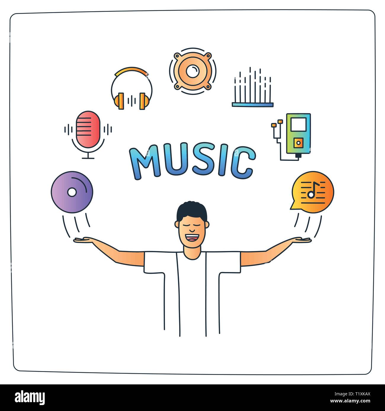 a music man character with his hands up and Audio doodle Icons Stock ...