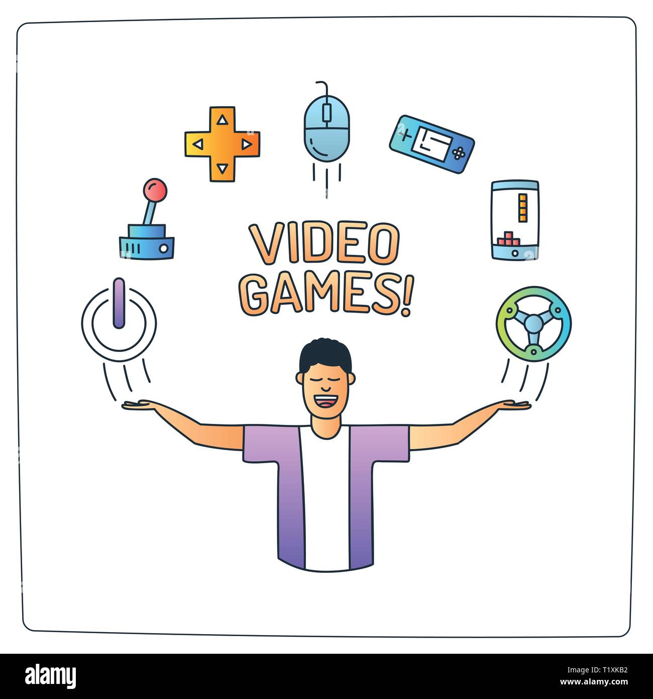 a geek man character with his hands up and video game doodle icons ...