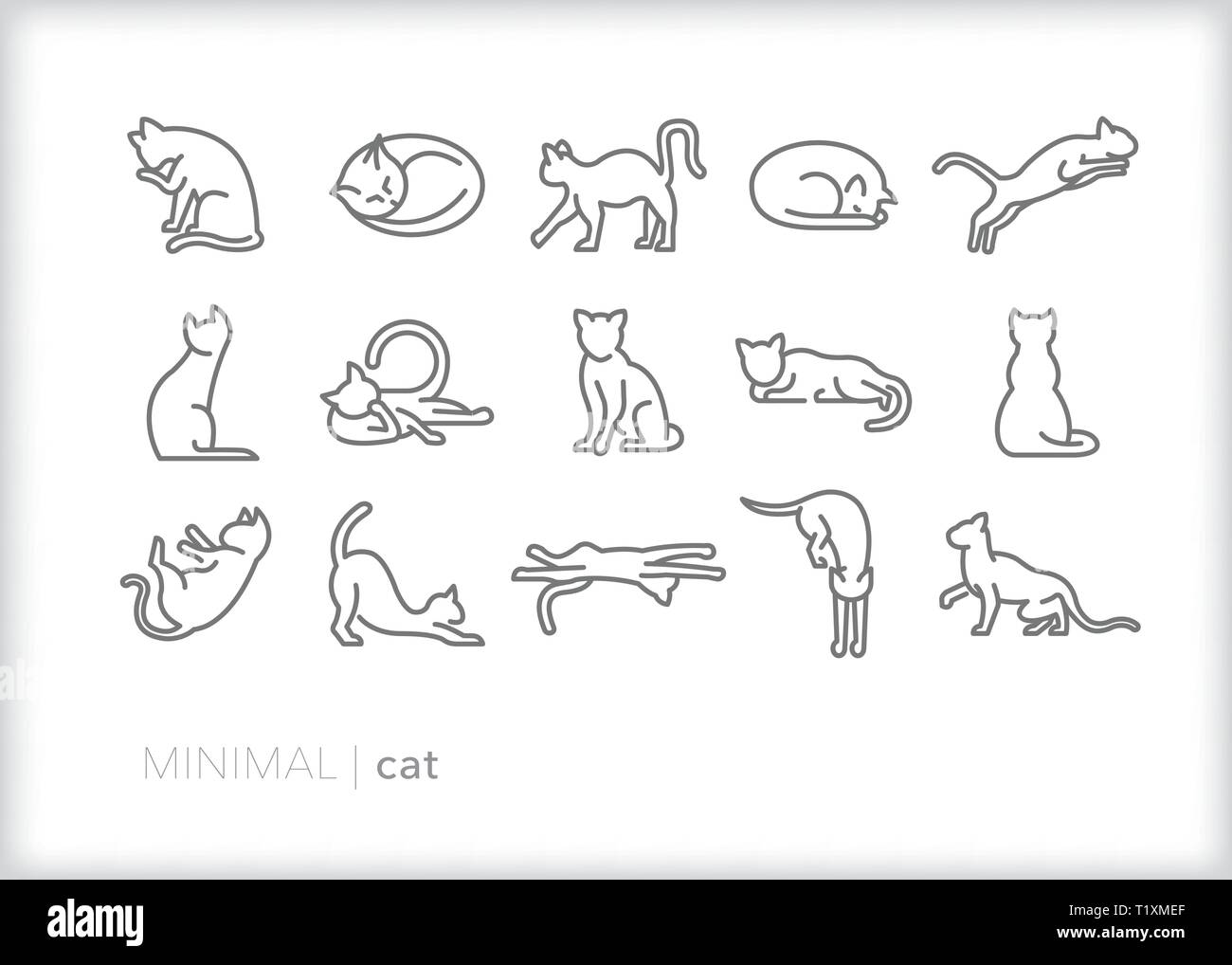 Set of 15 cat line icons of feline pets in various poses of relaxation ...