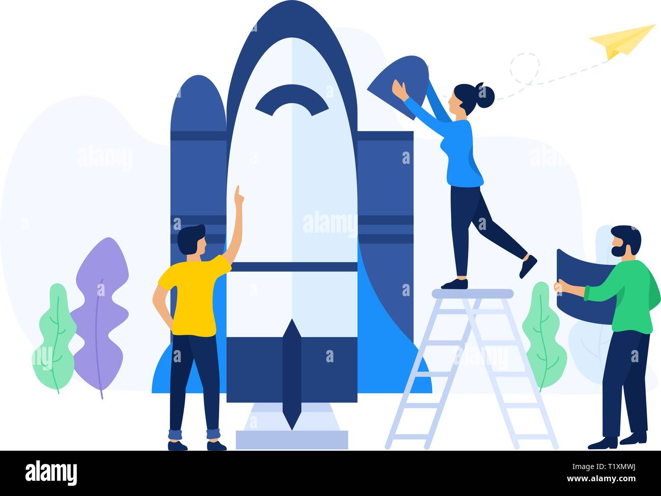 Vector illustration of people build a startup. Creative teamwork try to ...