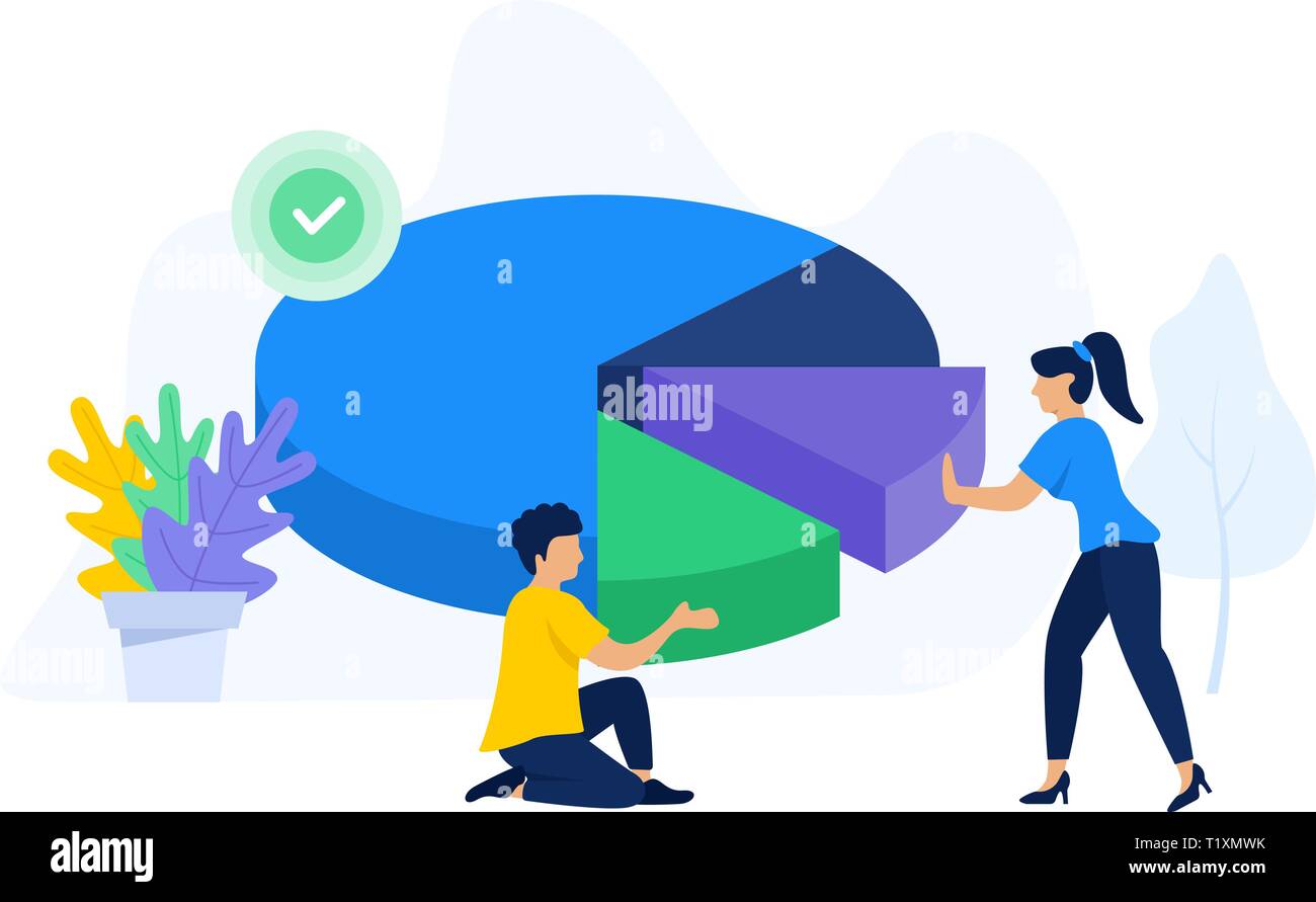 Vector illustration of people connecting pie chart, working together as ...