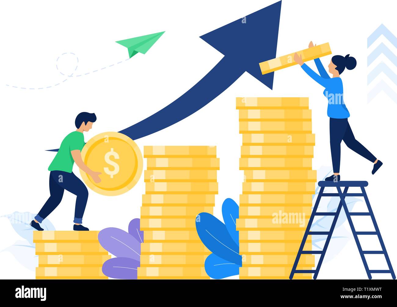 Vector illustration of people pile up coins money. Successful team grow ...