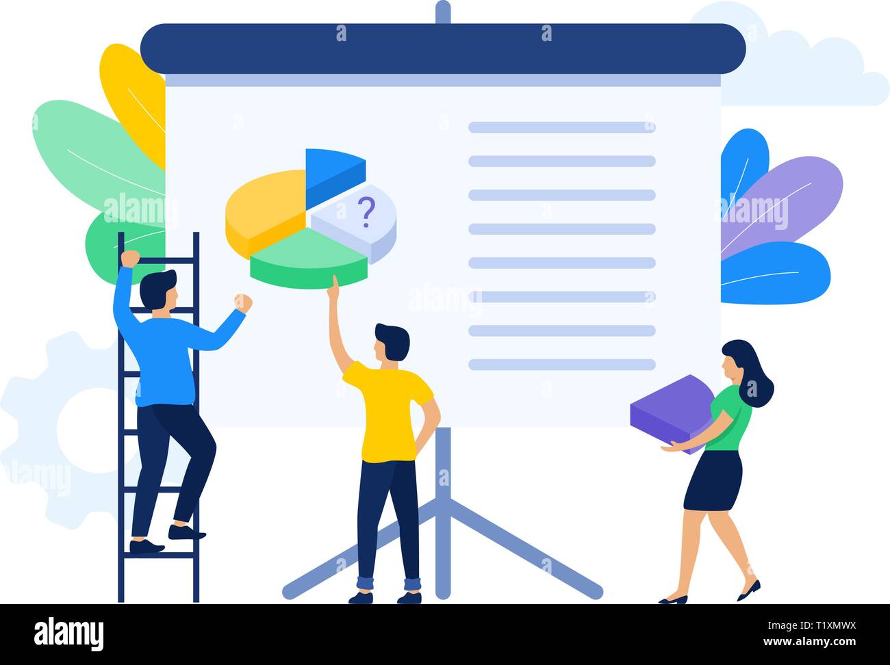 Vector illustration of the people working together on presentation. Creative teamwork, seeking ...