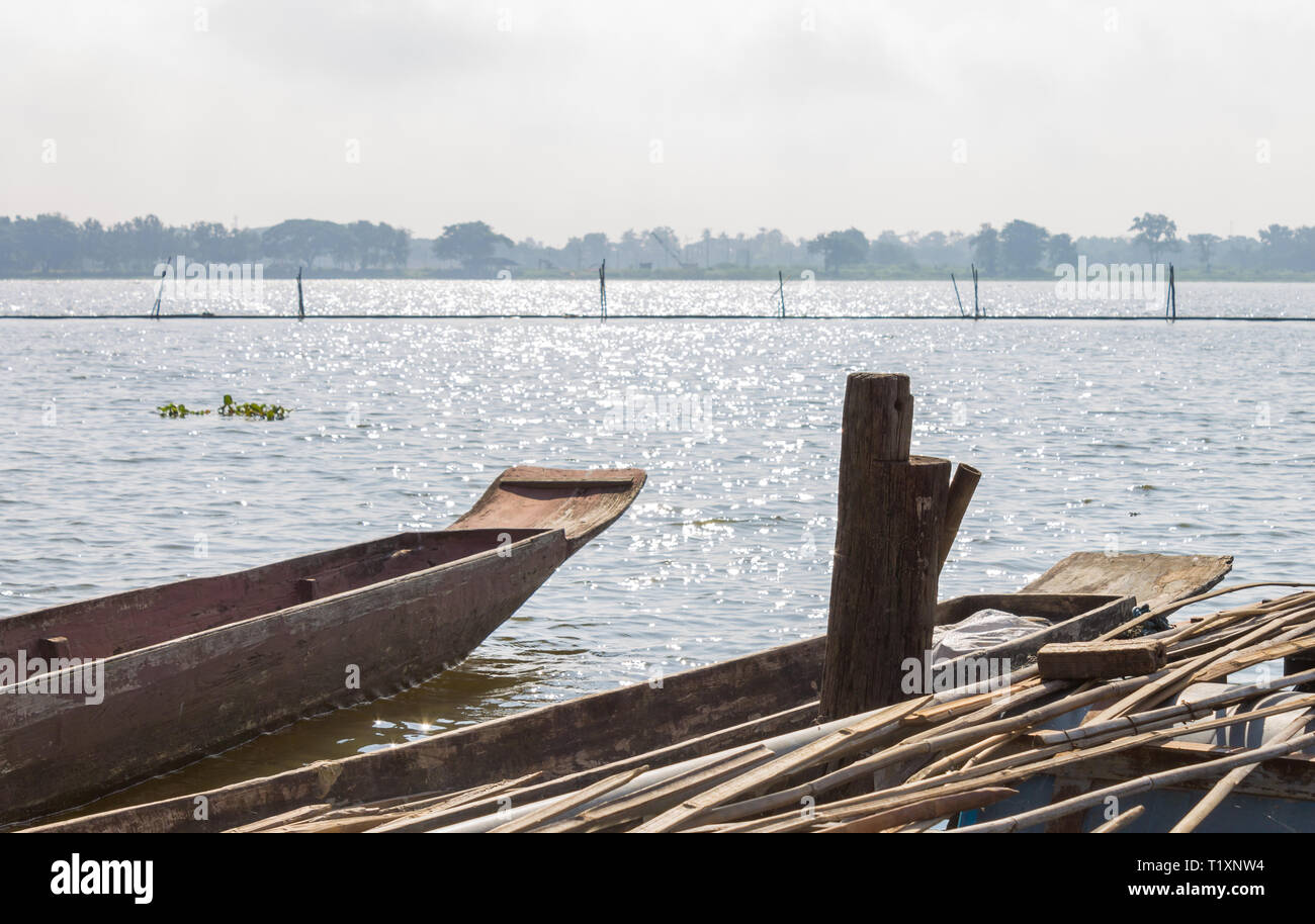 Wood Fishing Boat or Rowboat on Swamp with Wood Boat Pole. Wood fishing ...