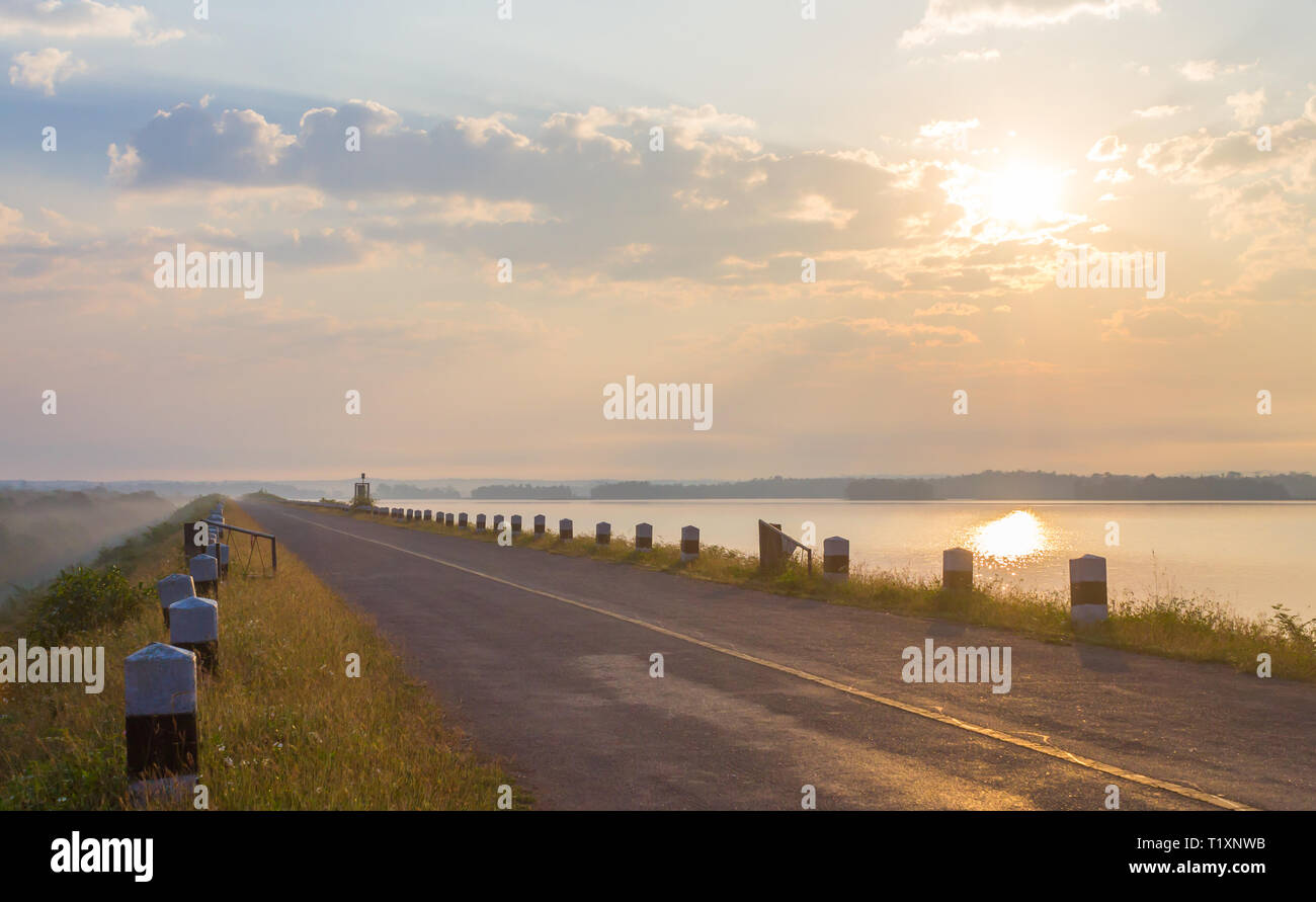 The Road on Dam or Sluice with Sunshine Blue Sky Water and Cloud. Road ...
