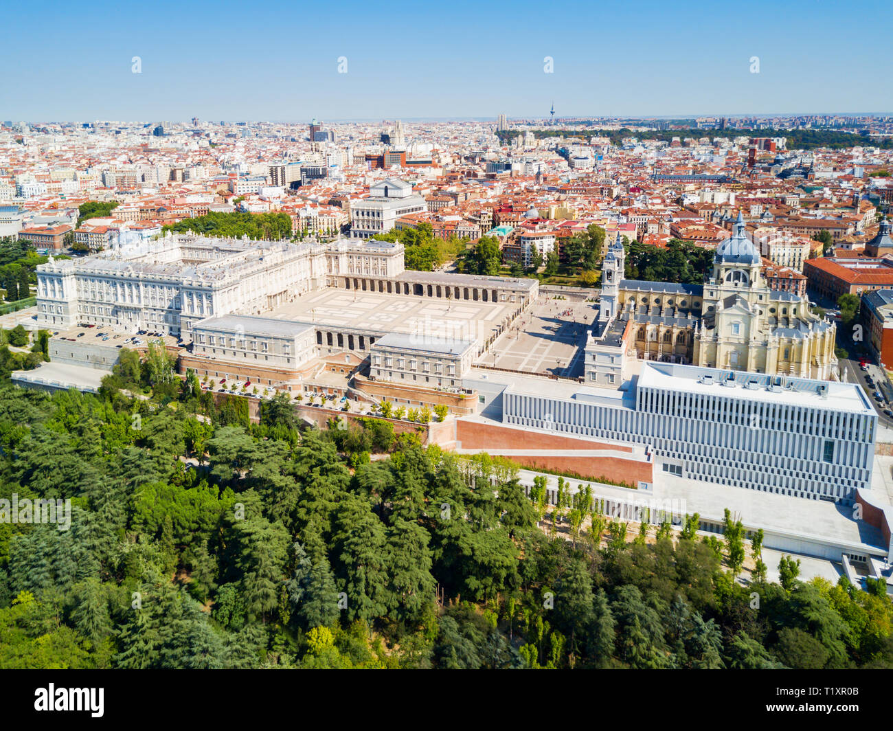 Almudena Cathedral and Royal Palace of Madrid aerial panoramic view in ...