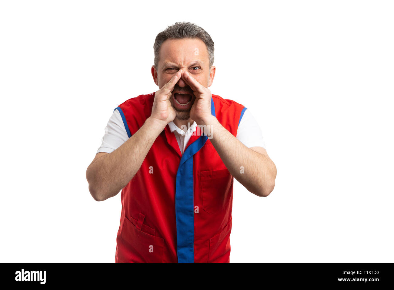 Desperate supermarket or hypermarket employee making shouting gesture ...