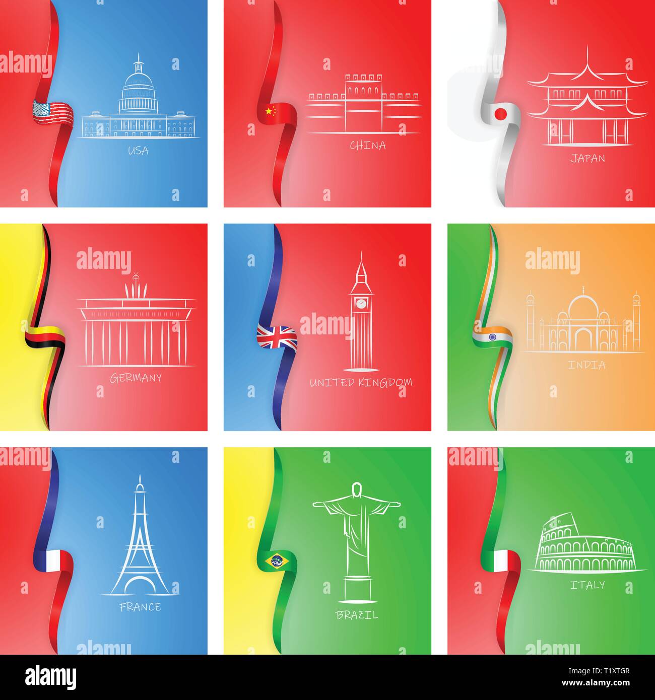 Flags and sights of different countries icons in set collection for ...