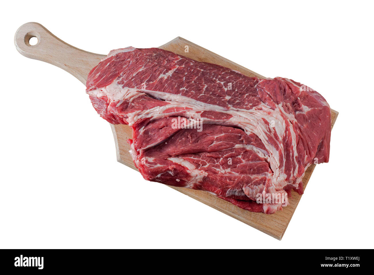 Beef meat on cutting board isolated on white background Stock Photo - Alamy