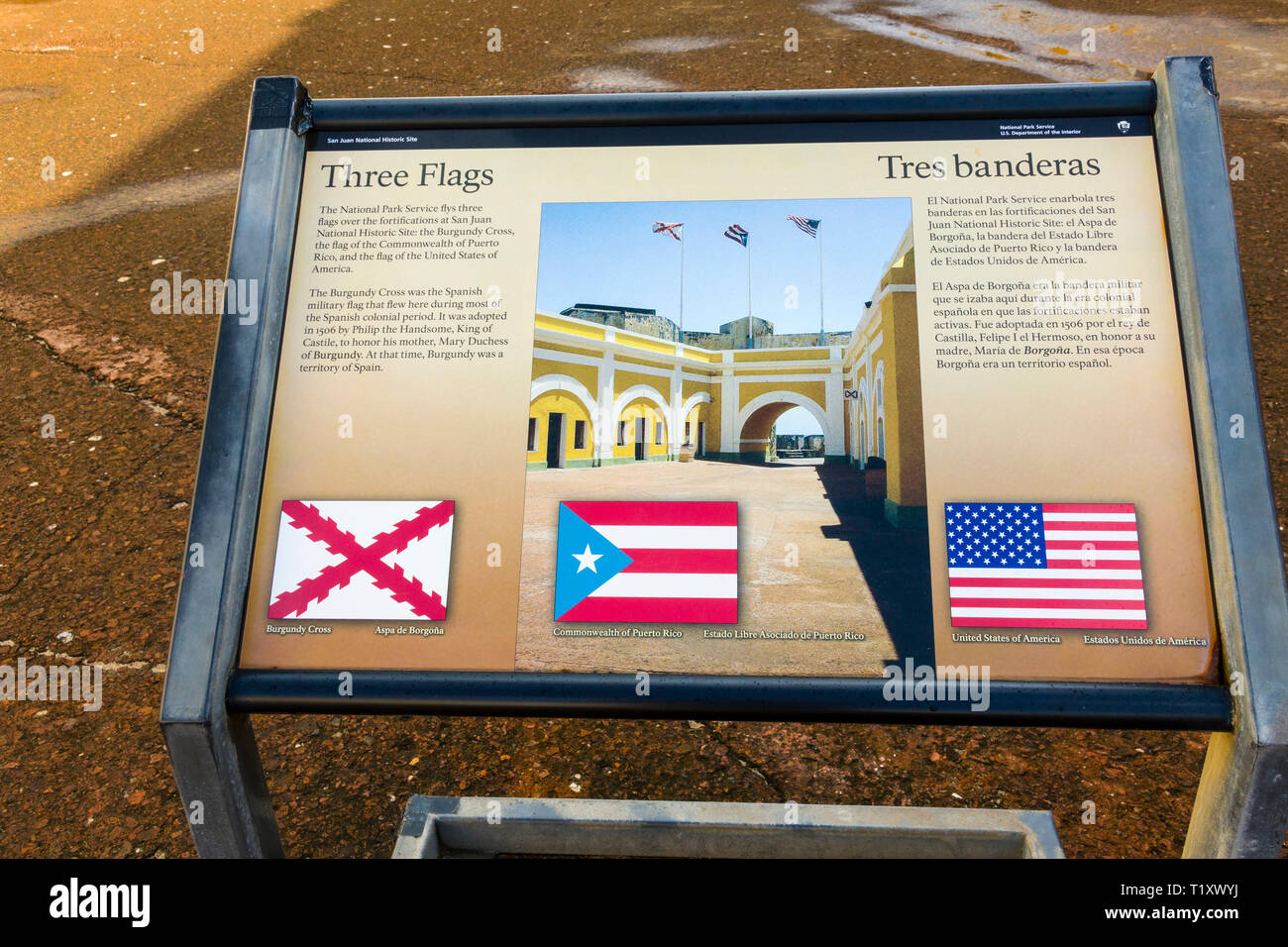 Three flags US, Puerto Rico, and Burgandy Cross of Fort Castillo San ...