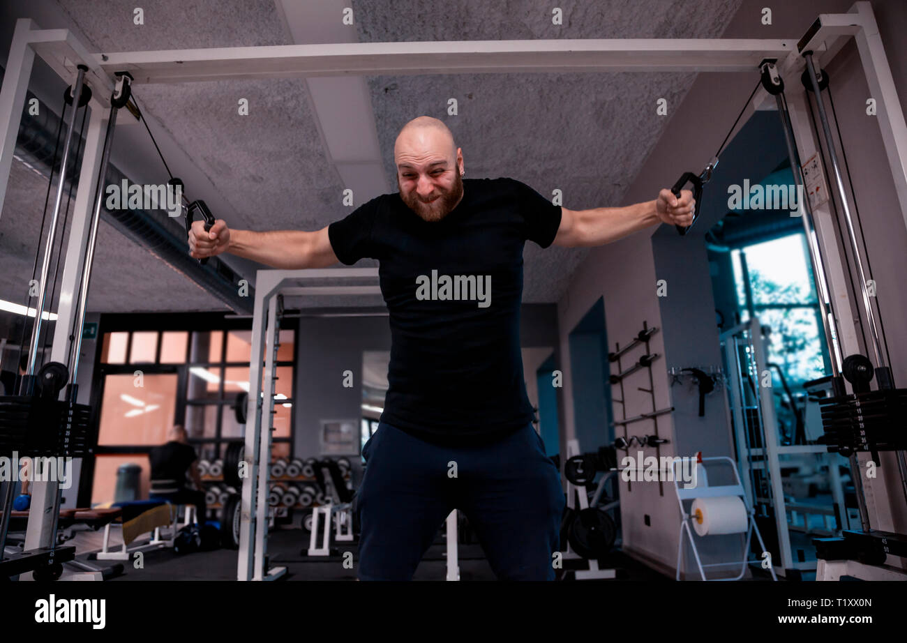 athlete while doing heavy exercises at the cables in the gym Stock ...