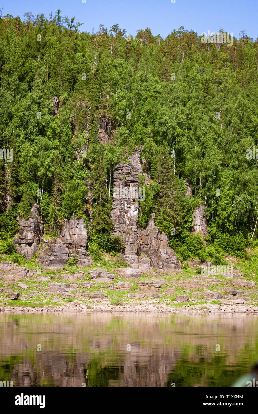 Fantastical cliffs. Around only rocks and water. Krasnoyarsk territory ...