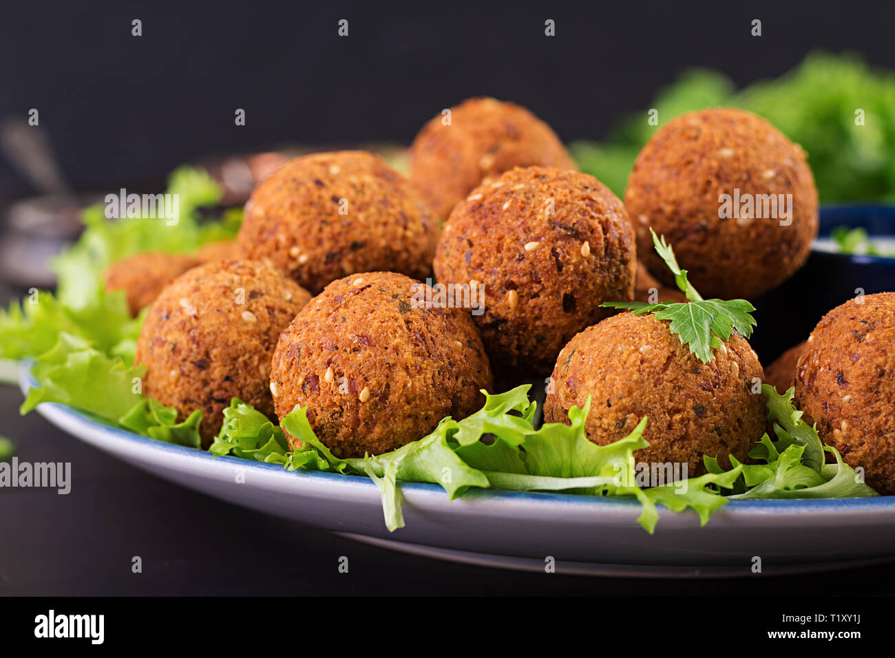 Falafel, hummus and pita. Middle eastern or arabic dishes on a dark ...