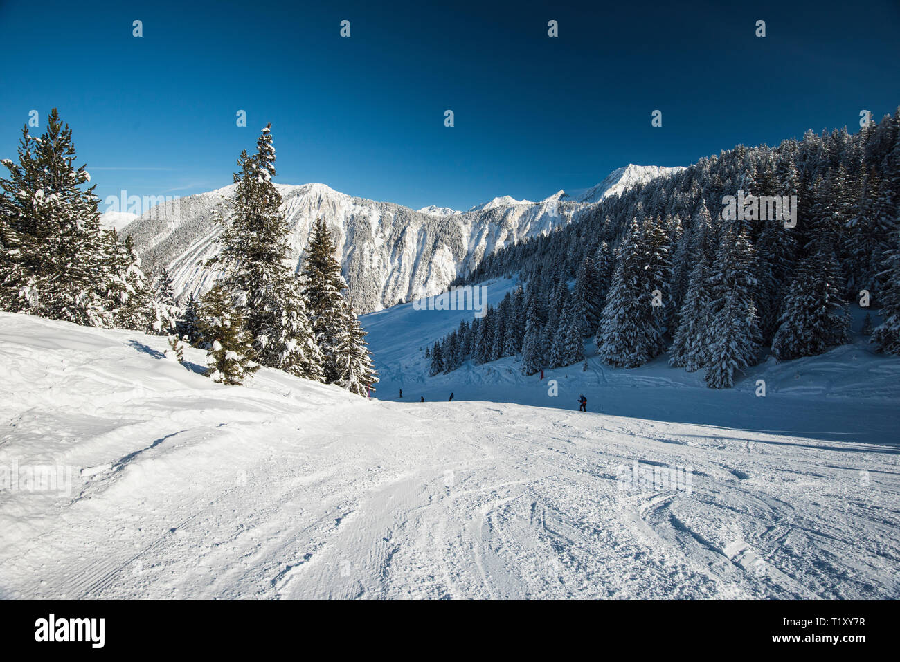 Panoramic landscape valley view with skiers going down a ski slope ...