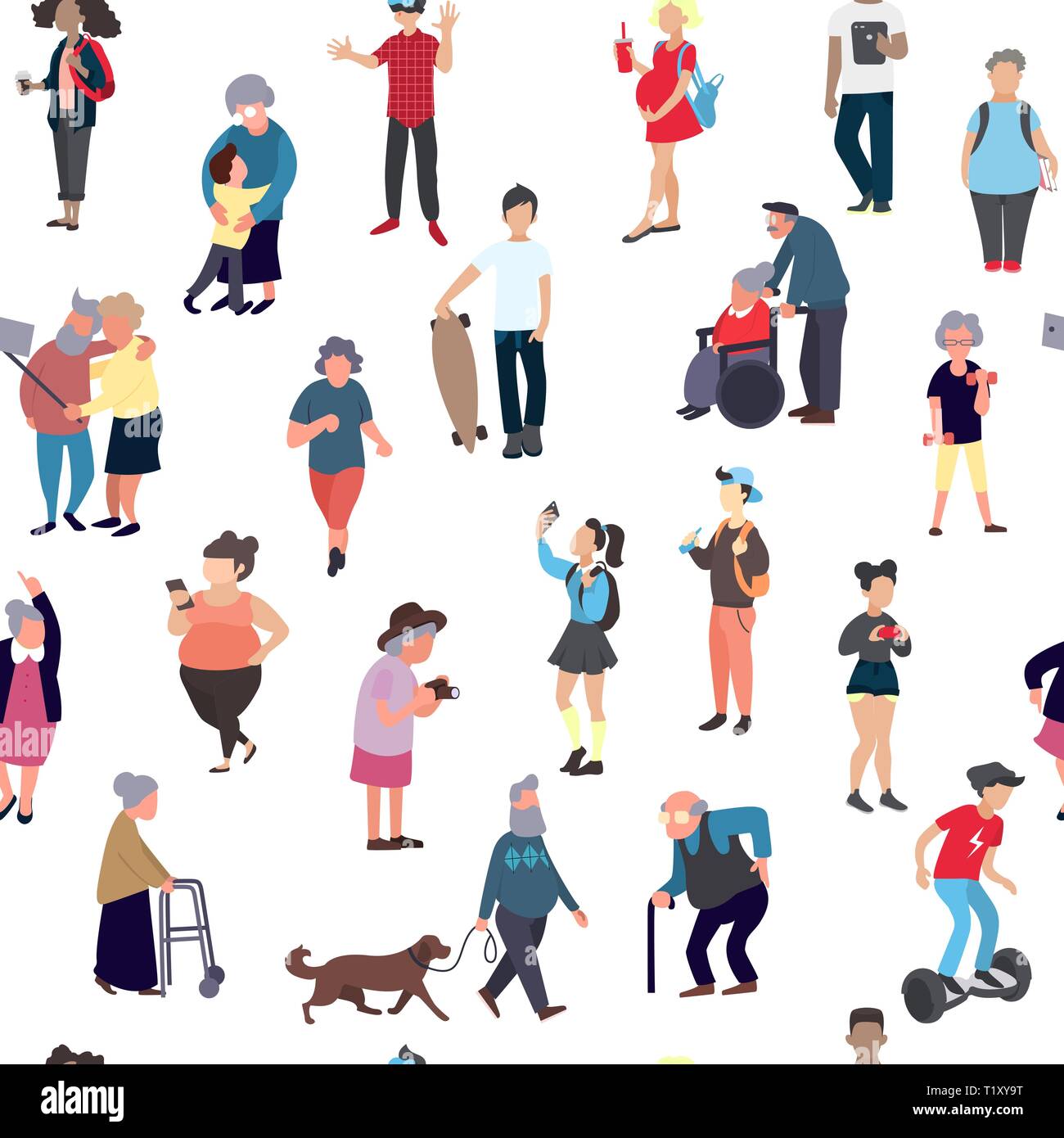 Seamless pattern with cartoon people walking on street. Crowd of male ...