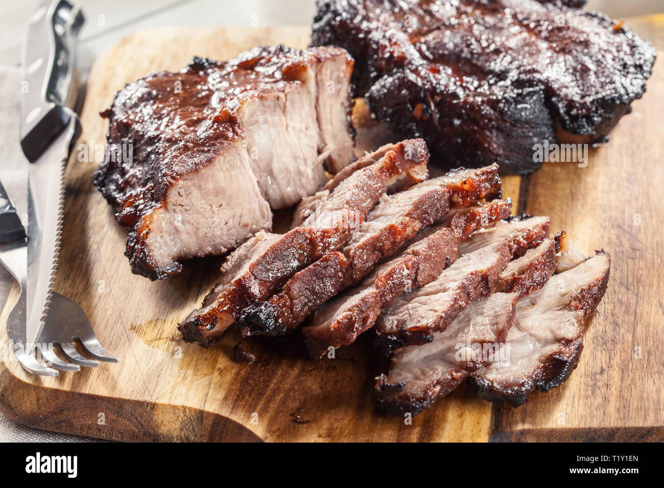 Char Siu Pork - Chinese roasted pork shoulder or pork belly on cutting ...