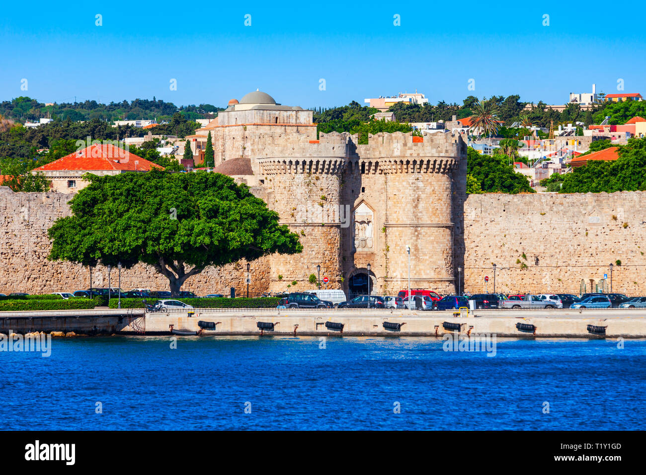 Rhodes old town entrance gate tower in Rhodes island in Greece Stock ...