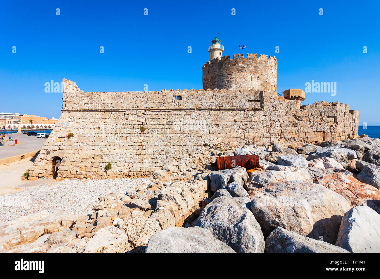 Saint Nicholas Fort at the Mandraki harbour in Rhodes city, capital of ...