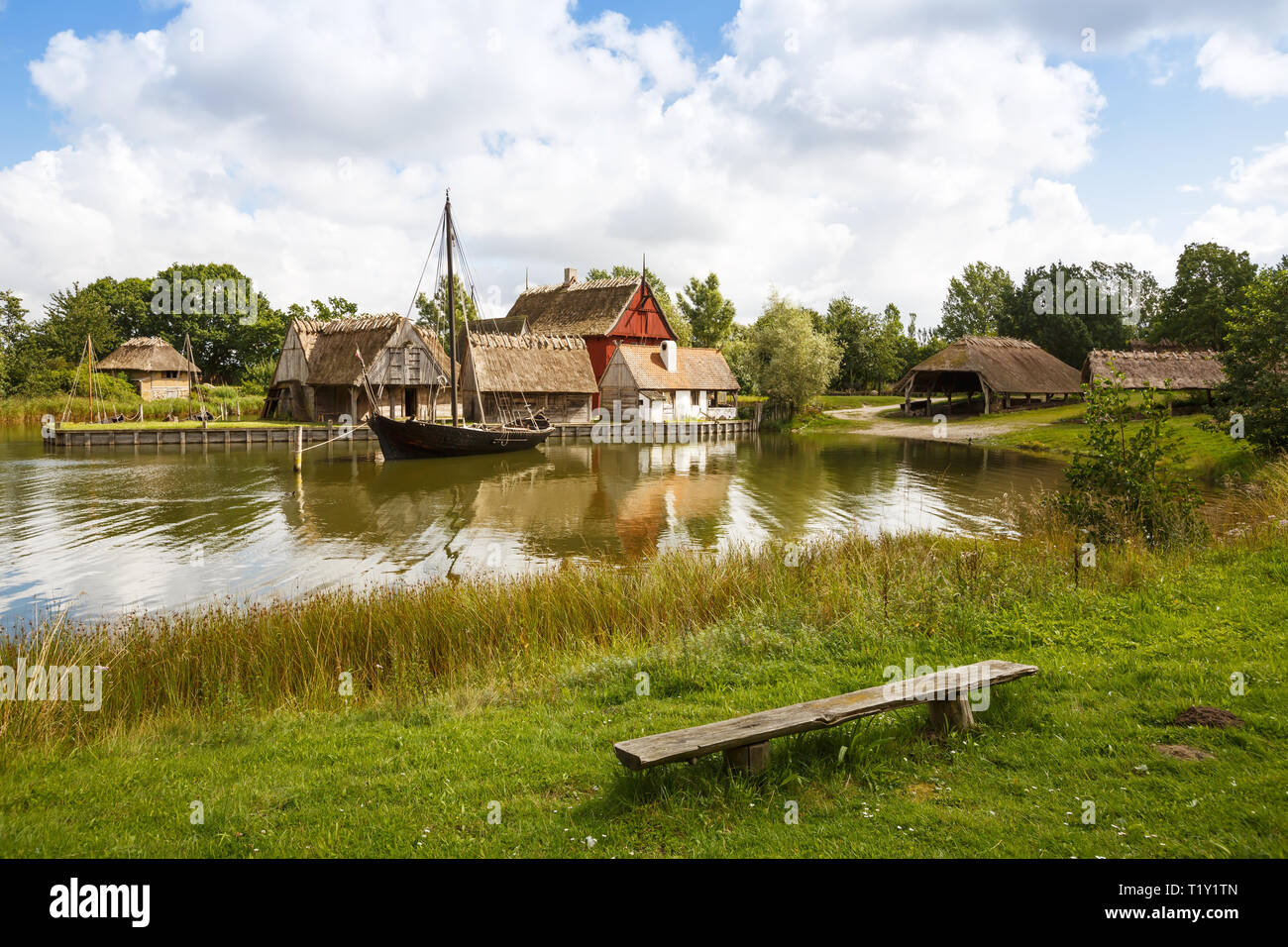 The medieval houses and boats in The Middle Ages Center, the ...