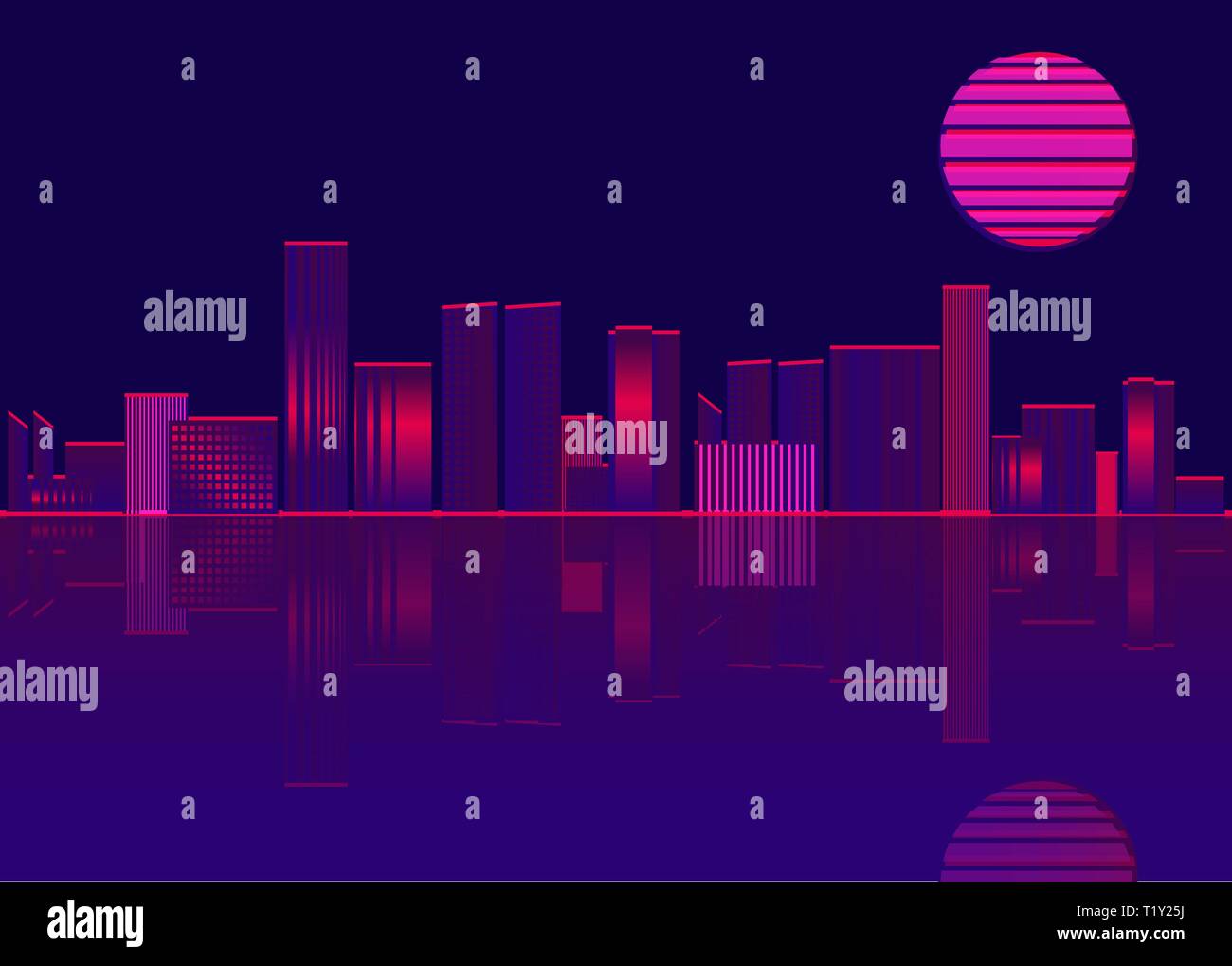 Neon city with moon, stars and ocean, vector illustration for web and ...