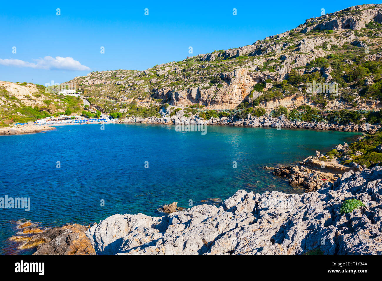 Ladiko beach and Anthony Quinn Bay aerial panoramic view in Rhodes ...