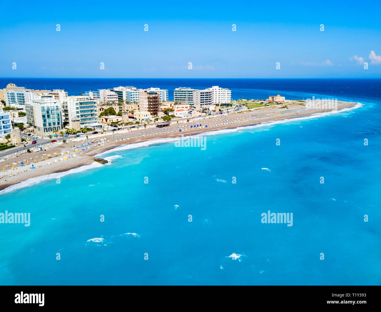 Rhodes city beach aerial panoramic view in Rhodes island in Greece ...