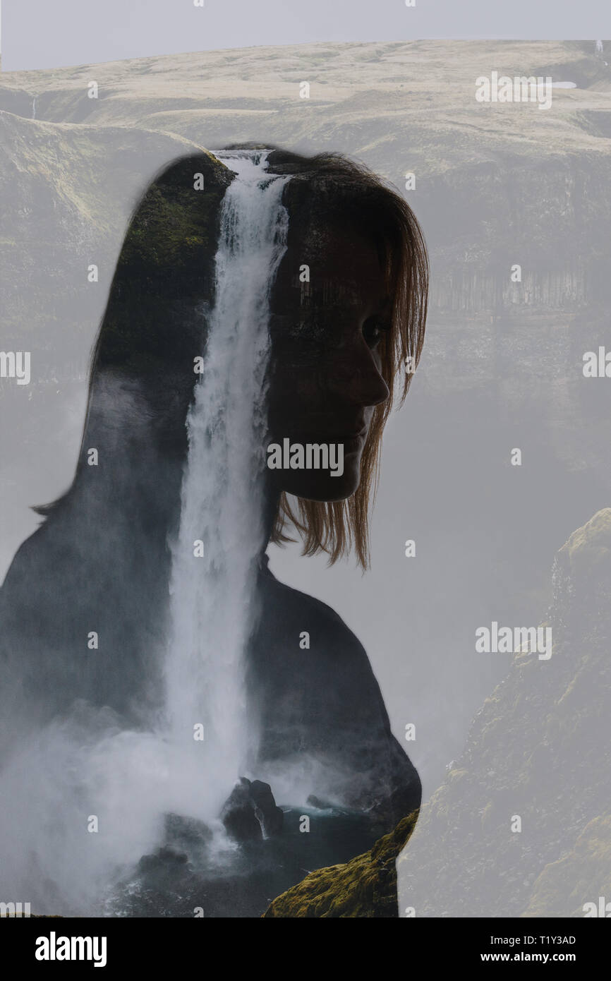 Double exposure of pensive woman and waterfall Stock Photo - Alamy