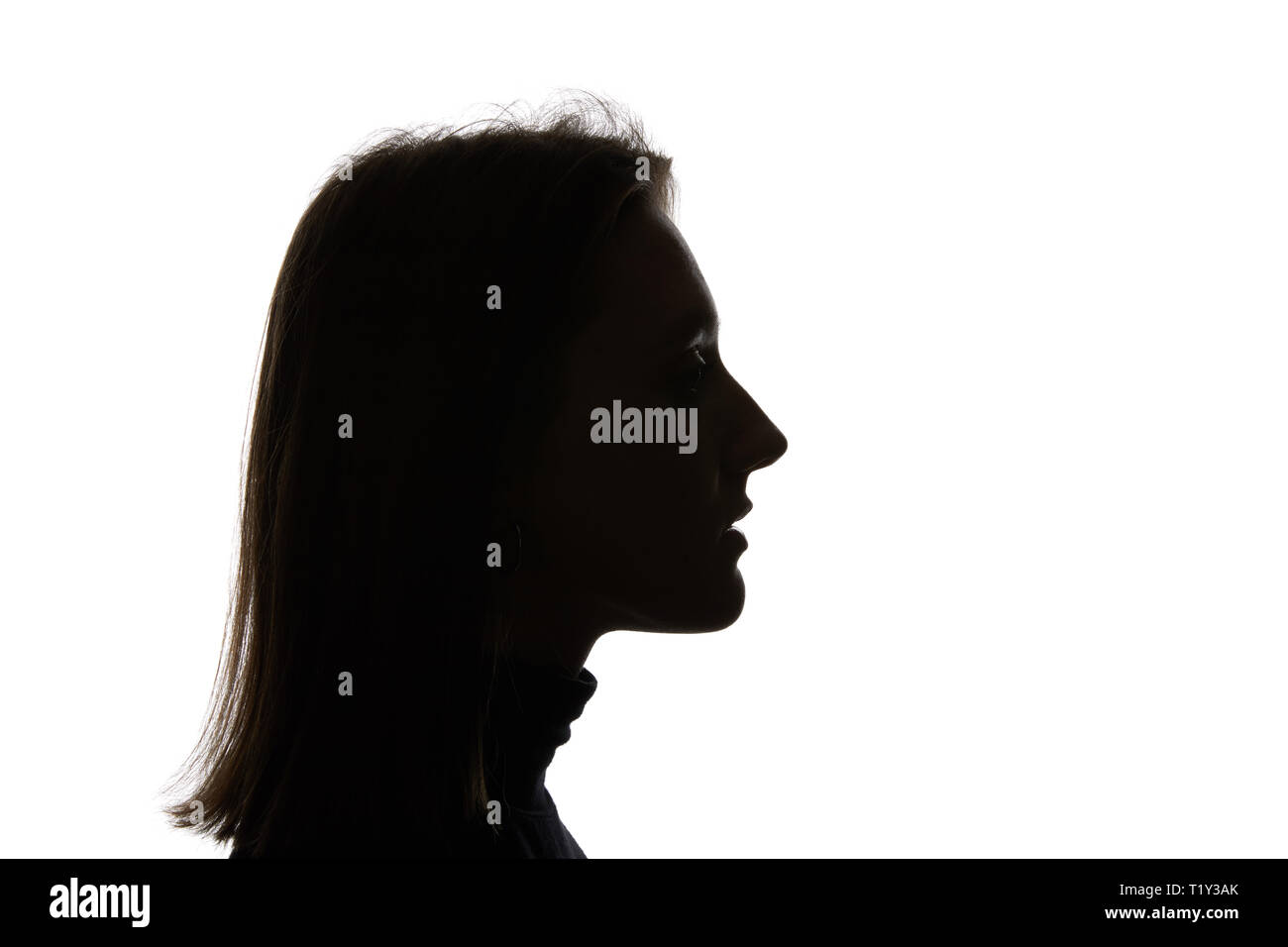 Side view of woman with straight hair isolated on white Stock Photo - Alamy