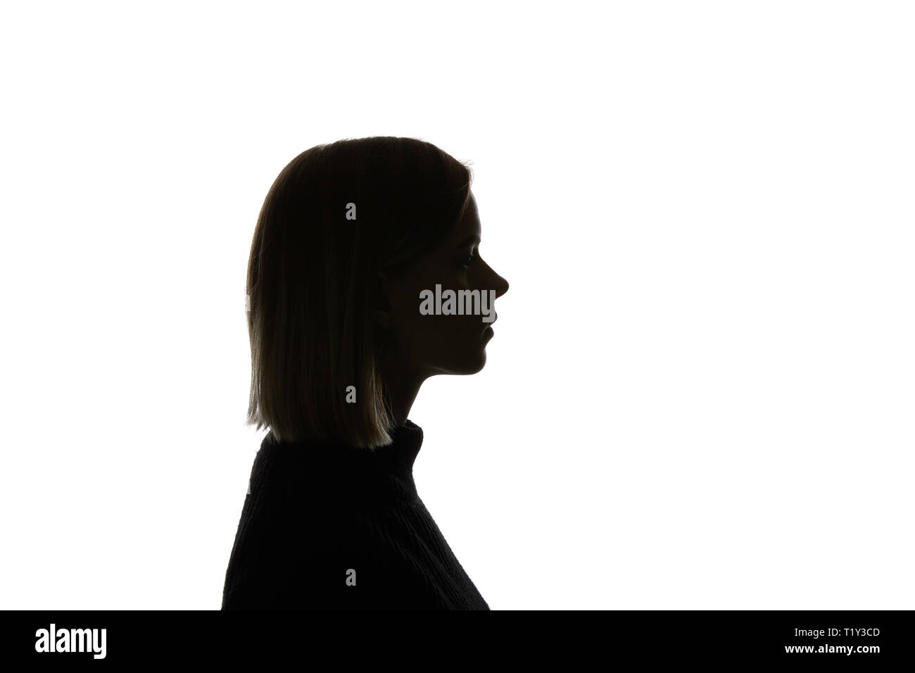 Side view of woman with straight hair isolated on white Stock Photo - Alamy