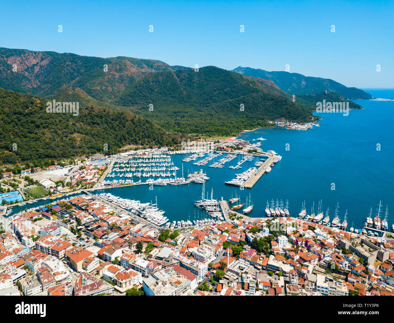 Marmaris marina aerial panoramic view in Marmaris city in Turkey Stock ...