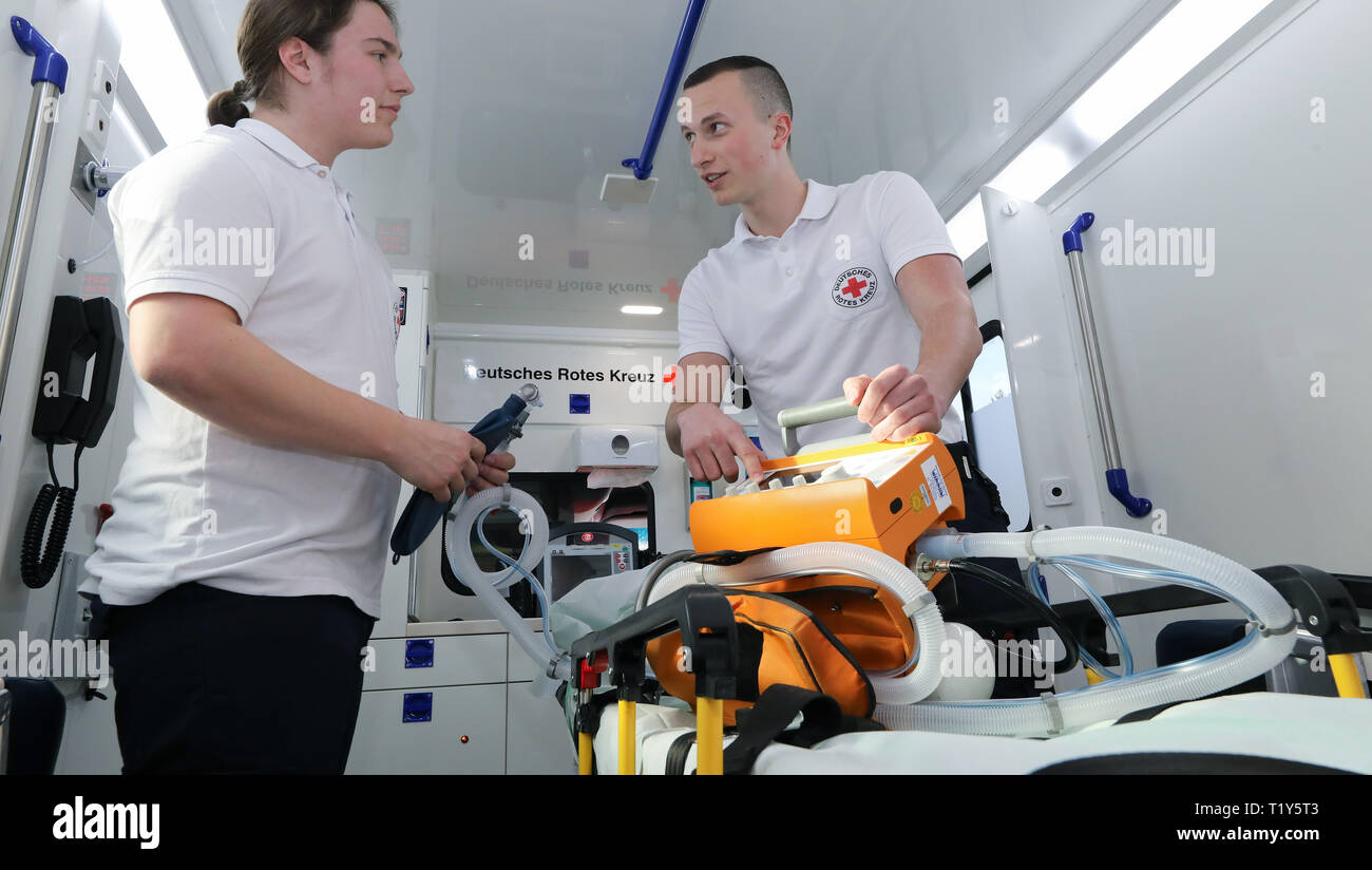 Biberach, Germany. 22nd Mar, 2019. Emergency paramedic Adrian Filser ...