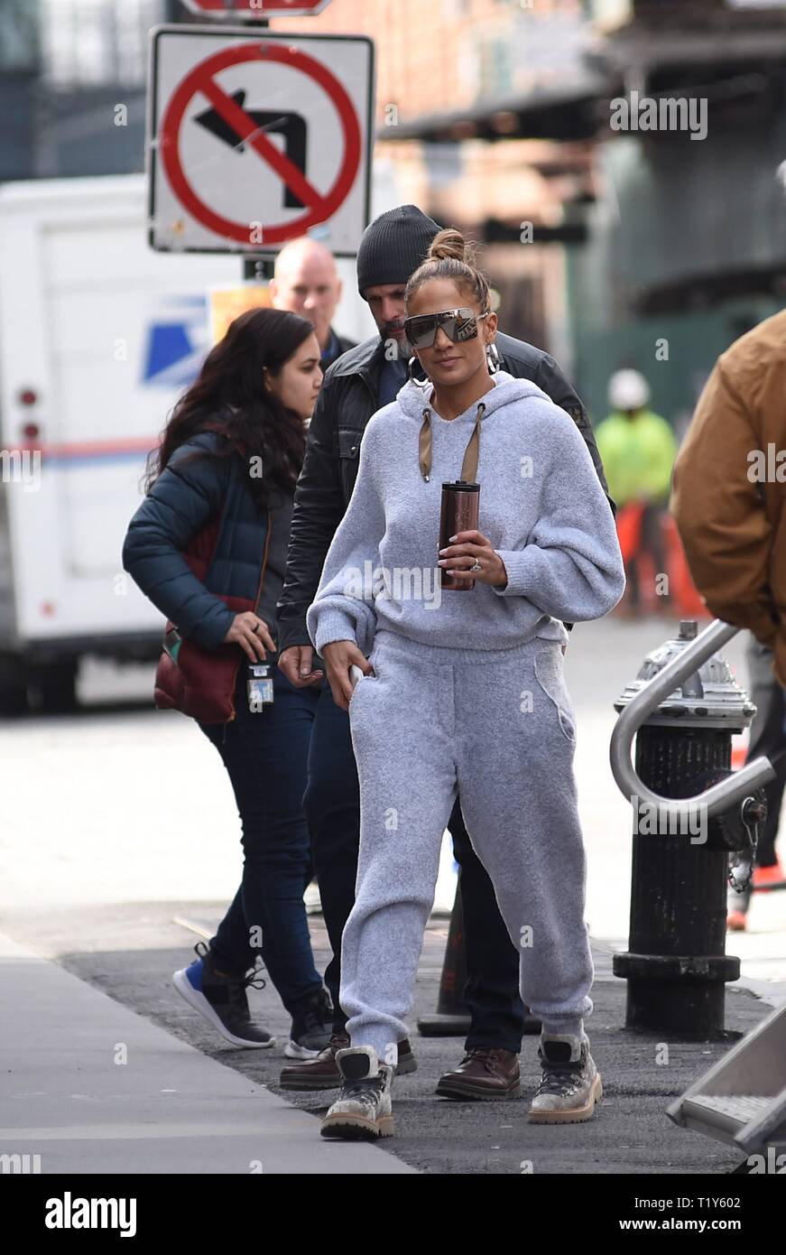 New York, NY, USA. 28th Mar, 2019. Jennifer Lopez, on location shooting ...