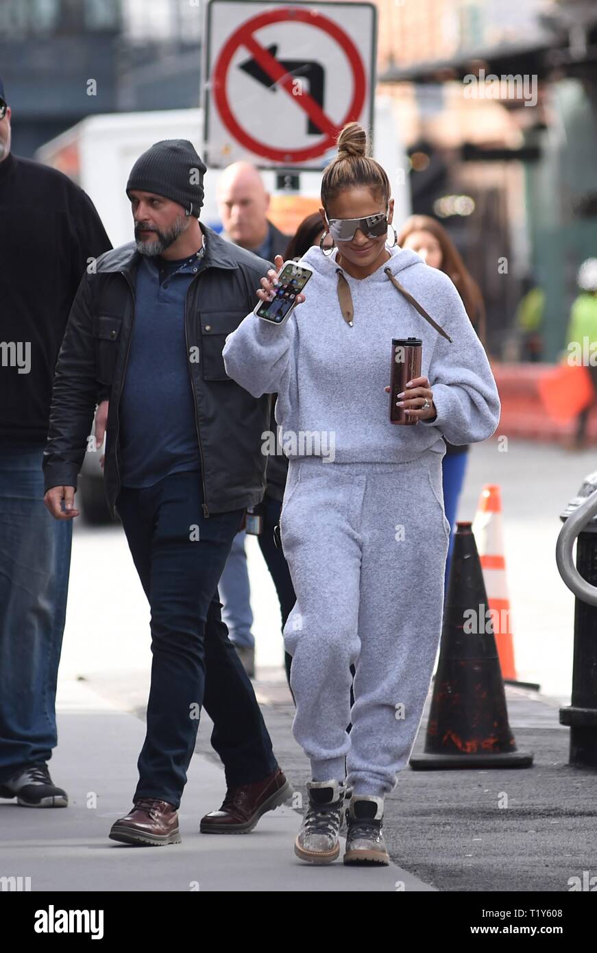 New York, NY, USA. 28th Mar, 2019. Jennifer Lopez, on location shooting ...
