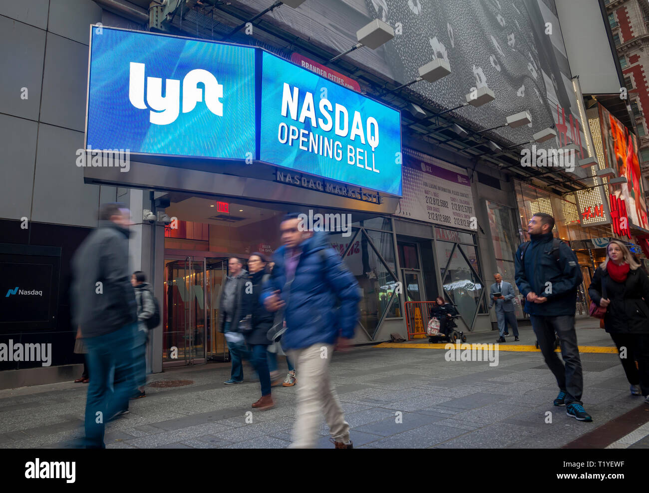 New York, USA. 29th Mar 2019. The giant video screen on the Nasdaq ...